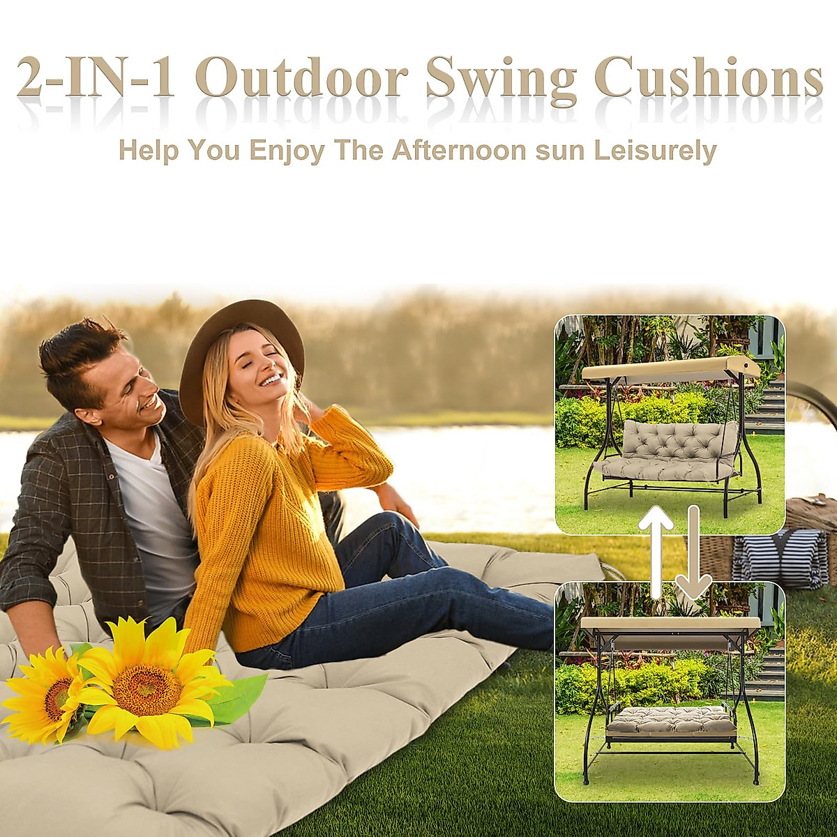 Swing Cushions 3 Seater Replacement Porch Swing Cushions Outdoor 60 inch Waterproof Bench Cushions Thicken 5" Khaki Cushions for Outdoor Swing With Ties Patio Swing Cushions for Outdoor Furniture