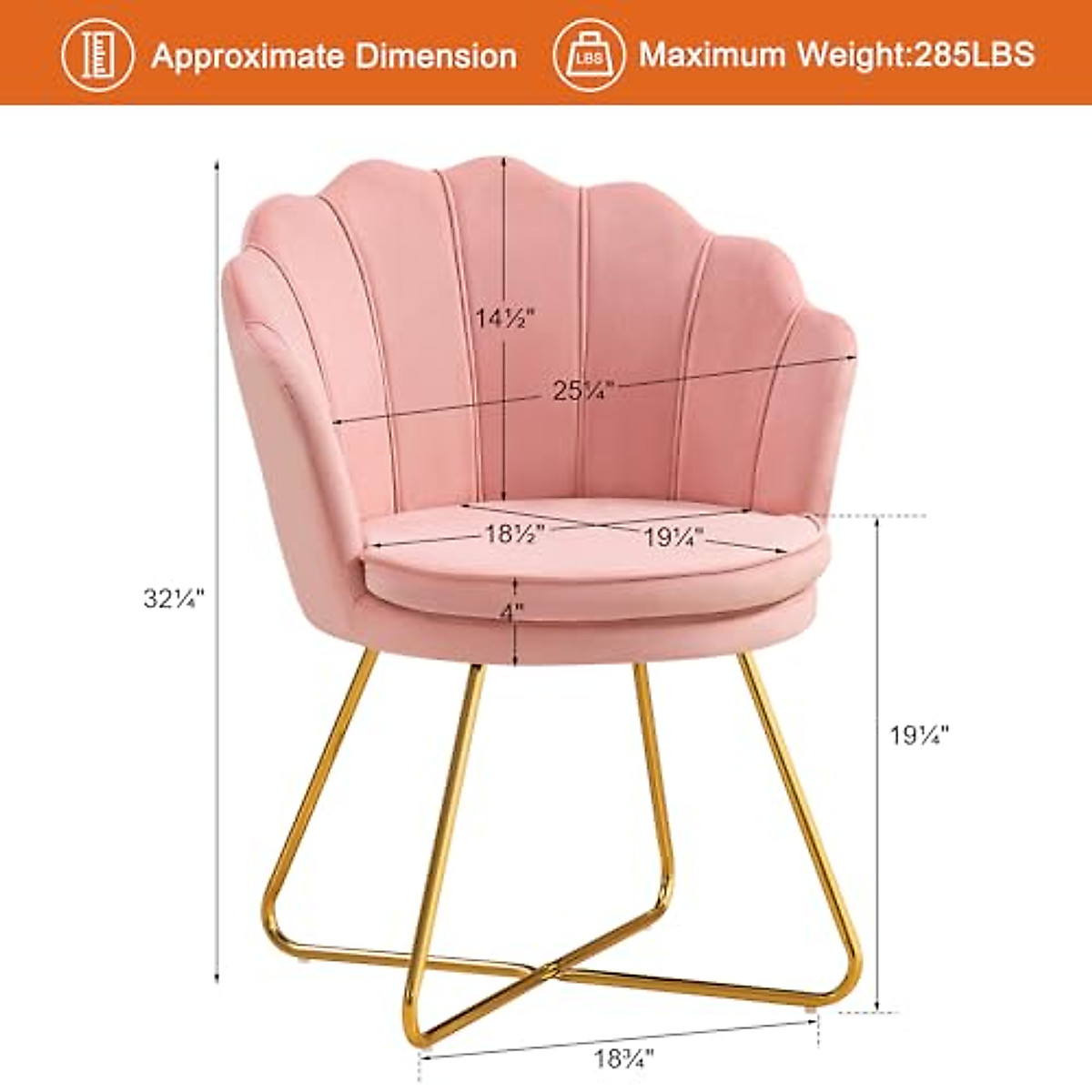 Furniliving Pink Vanity Chair, Velvet Makeup Chair for Bedroom, Home Office Desk Chair with Gold Plating Legs, Cute Accent Chair for Makeup Room, Bedroom, Living Room, Guest Reception (Velvet Pink)