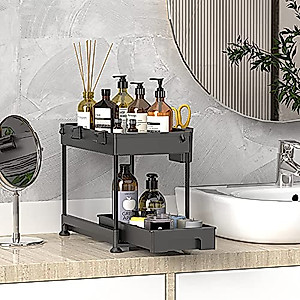 SPACELEAD Under Sink Organizers and Storage, Under Sliding Cabinet Basket Organizer, 2 Tier Under Sink Storage for Bathroom Kitchen with Hooks, Hanging Cup, The Bottom Can Be Pulled Out Black