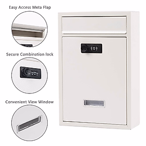KYODOLED Locking Wall Mount Mailbox, Mail Boxes with Combination Lock for Outside, Security Drop Box with Code,12.4H x 8.54L x 3.35W Inches, White