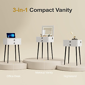 Lvifur Small Vanity Desk with Flip Top Mirror and Lights, Auto Sensor Dressing Table with Charging Station, Farmhouse Makeup Vanity Table with Jewelry Storage Drawer for Bedroom (White)