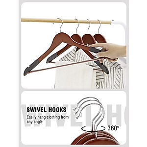 TECHMILLY Solid Natural Wooden Coat Hangers, 10 Pack Heavy Duty Smooth Finish Suit Hangers with Non-Slip Pant Bar, Precisely Cut Notches & Chrome Swivel Hook for Closet, Wardrobe