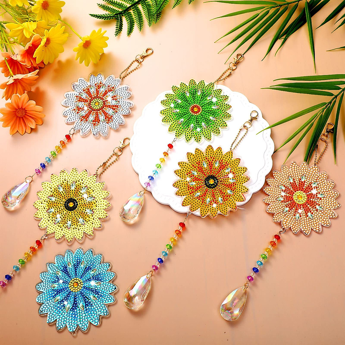 Tradder 6 Pcs Diamond Art Sun Catcher Wind Chime Double Sided Crystal Diamond Art Hanging Ornament African Daisy Sun Catcher Kit for Adults Kids DIY Craft Window Garden Home Decor
