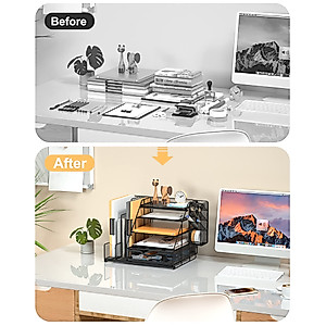 Egepon Office Desk Organizer with Vertical File Folder Holders 5-Tier Paper Letter Tray with Drawer and Hanging Pen Holder Multifunction Office Supplies and Accessories for Office School Home