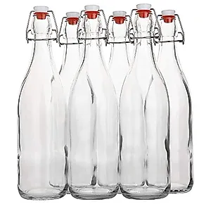Flip Top Glass Bottle [1 Liter / 33 fl. oz.] [Pack of 6] – Swing Top Brewing Bottle with Stopper for Beverages, Oil, Vinegar, Kombucha, Beer, Water, Soda, Kefir – Airtight Lid & Leak Proof Cap – Clear