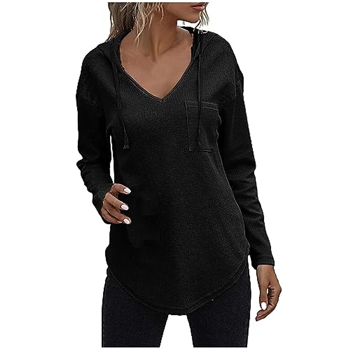 Womens Hooded Sweatshirts Waffle-Knit Loose Casual V Neck Long Sleeve Hoodies Drawstring Pullover Tops with Pocket