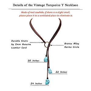 PERNNLA PEARL Bohemian Synthetic Turquoise Necklace Handmade Vintage Y-shaped Jewelry with Genuine Flat Brown Leather