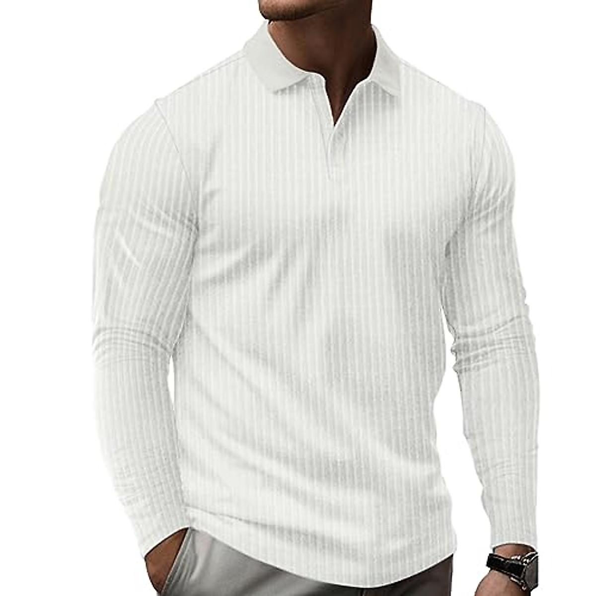 Lexiart Mens V Neck Polo Shirts Casual Long Sleeve Slim Fit Golf T-Shirts Cotton Top Tees White