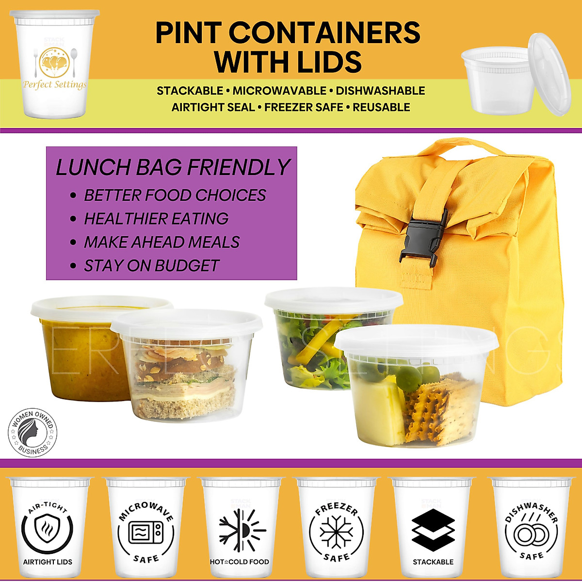Perfect Settings 16 oz Deli Containers with Lids [40 Sets] Leakproof, Microwavable, Freezer, Dishwasher Safe, Pint Size Plastic Food Storage Container