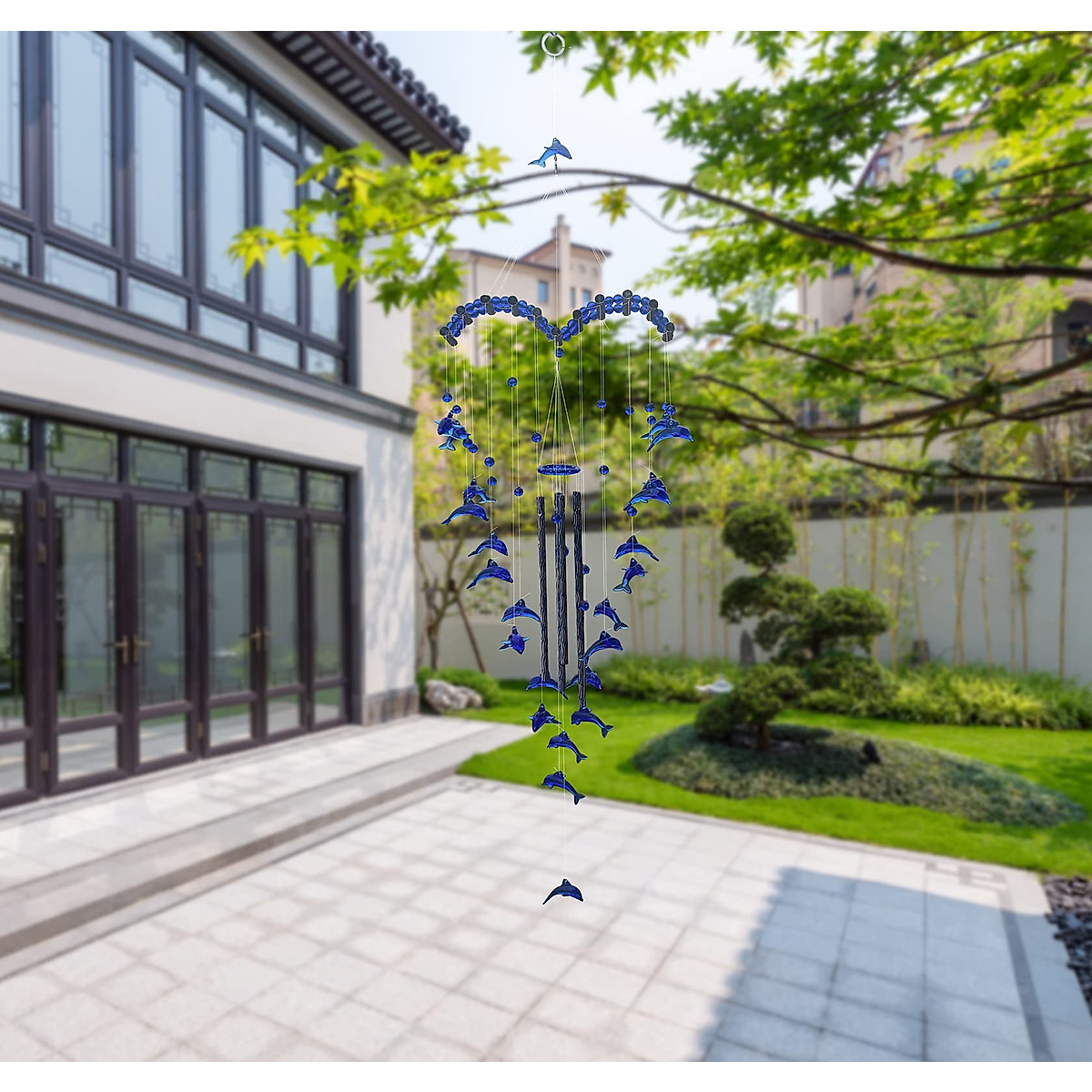 Chyeda Creative Heart Shape Dolphin Wind Chimes-Blue 90CM-Suitable for Garden, Patio, Backyard, Porch or a Gift for him/her