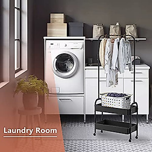HIDODO Black Clothing Rack, Portable Garment Rack Rolling Clothes Organizer with 2 Tier Metal Baskets, Laundry Cart with Hanging Rack, Small Wardrobe Rack on Wheels for Bedroom, Laundry and Entryway