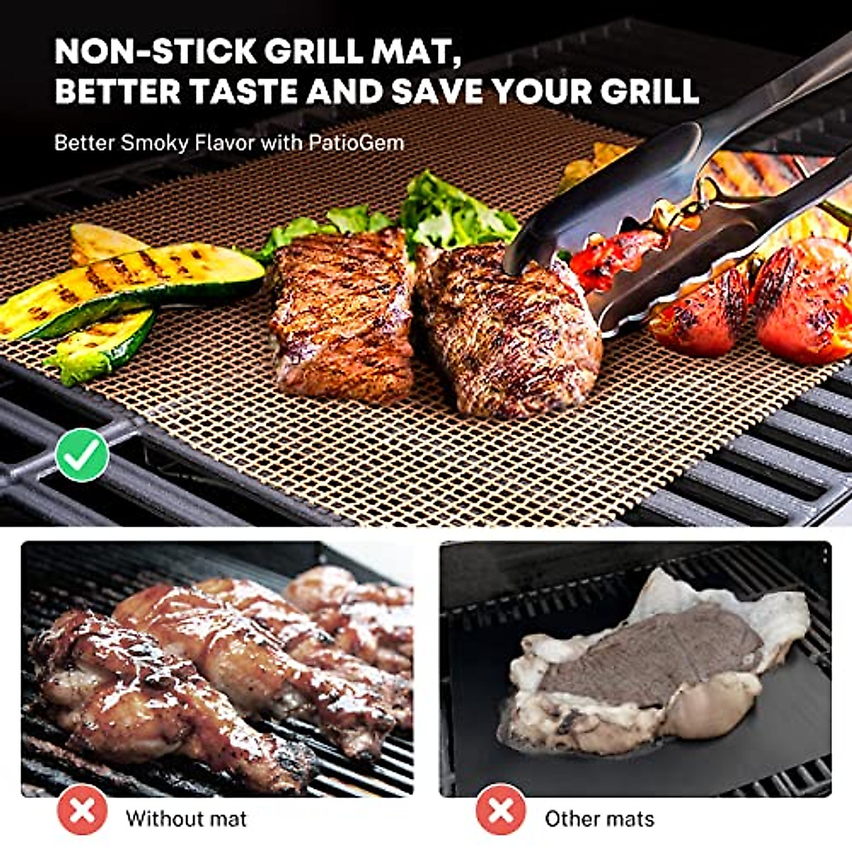 PatioGem Reusable Mesh Mat, Grill Mesh Mats for Outdoor Grill Nonstick BBQ Mats for Grilling, Grill Set of 3, Nonstick Grill Mat, Mats for Grilling, BBQ Accessories Mesh Grill Mat -Black Brown