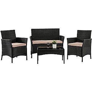 Outdoor Patio Furniture Sets 4 Pieces Patio Set Rattan Chair Wicker Sofa Conversation Set Patio Chair for Backyard Lawn Porch Poolside Balcony Garden Furniture Sets with Coffee Table (Black)