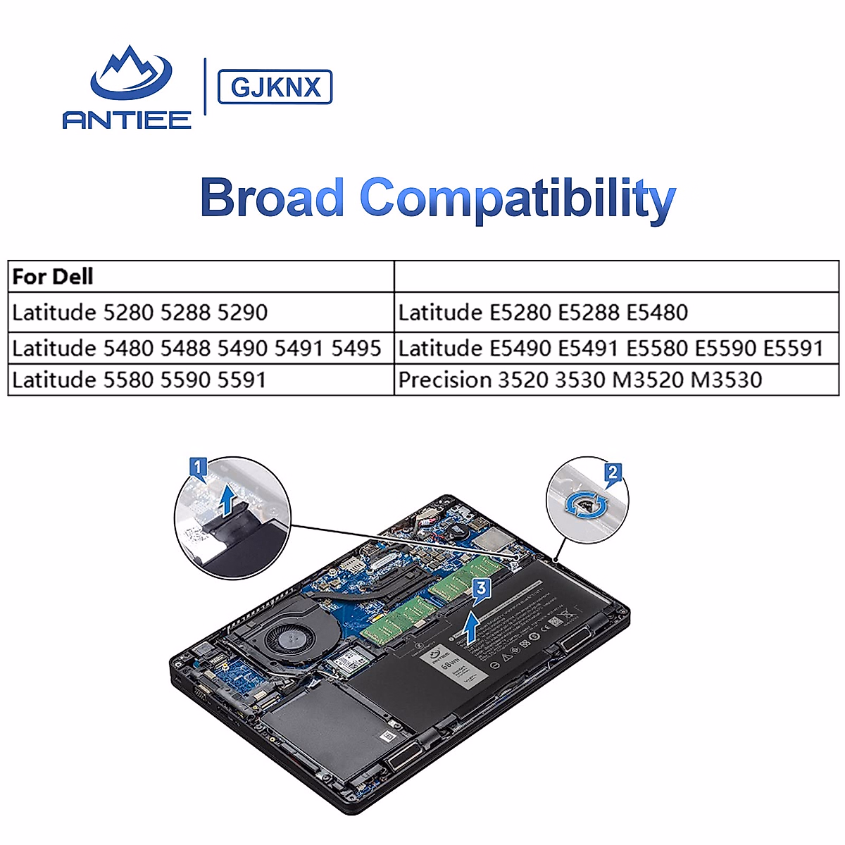 ANTIEE 68Wh GJKNX Laptop Battery Replacement for Dell Latitude 5480 5580 5280 5288 5290 5488 5490 5491 5495 5590 5591 E5480 E5580 E5590 E5490 Precision 15 3520 3530 GD1JP DY9NT 0DY9NT 5YHR4 451-BBZG