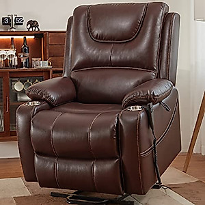Irene House Large Recliner Lay Flat Chair Dual OKIN Motor Lift Chair Recliners for Elderly Infinite Position with Heat Massage Electric Power Lift Recliner Chair, Model Ollie(Brown, Faux Leather)