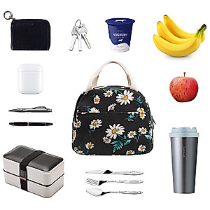 EurCross Women's Lunch Bags for Work with Chic Floral Daisy Pattern,Canvas Stylish and Insulated Black Lunch Tote Bento box Bag Carrier of On-the-Go Storage