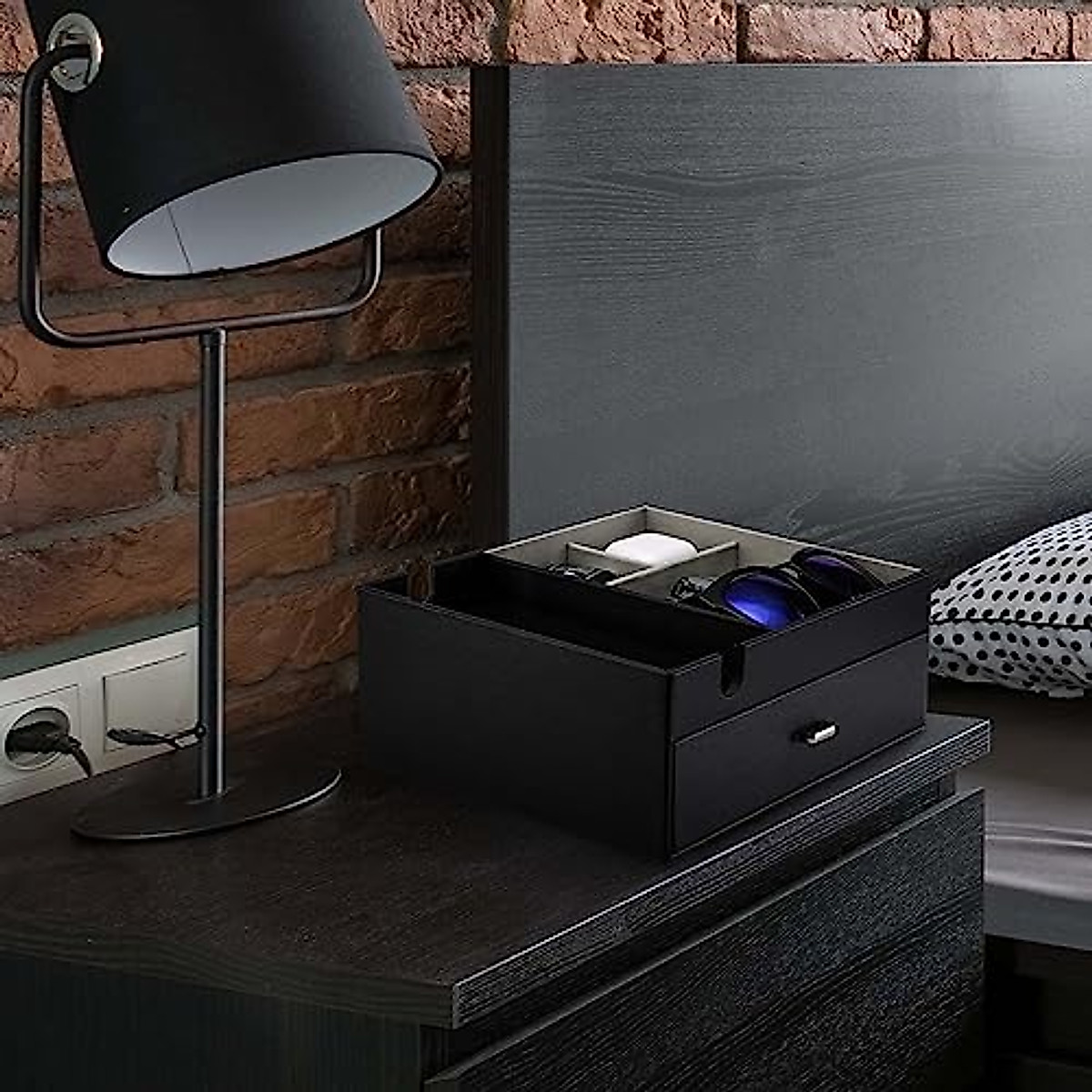 ProCase Double Layer Valet Tray for Dad, Nightstand Organizer EDC Dump Catchall Trays with Phone Charging Station, Dresser Top Table Beside Entryway Storage Box- Black