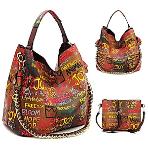 2pcs Set Multicolor Graffiti Printed Bucket Chian Strap Hobo Shoulder Bag & Crossbody Bag 2-in-1 Set Bag (Tan/Yellow)