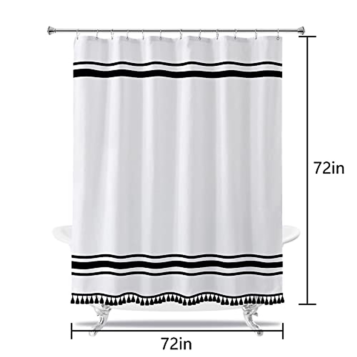 Seasonwood Black and White Shower Curtain Farmhouse Shower Curtain Striped Shower Curtain for Bathroom Sets Boho Shower Curtain with Tassels Modern Bathroom Curtains Decor Waterproof Fabric 72"x72"