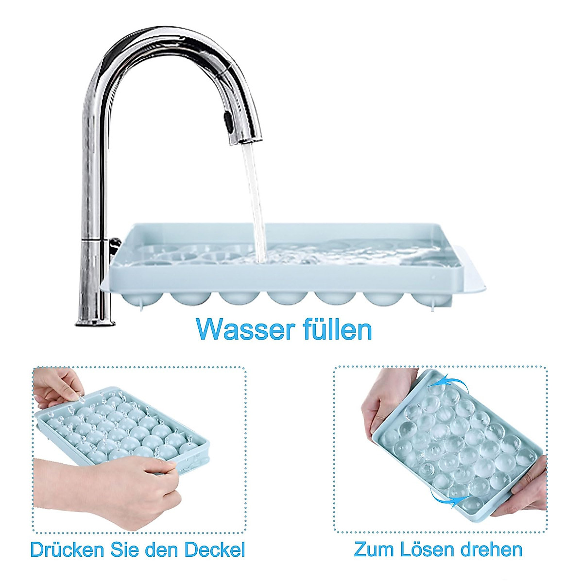 Miaowoof Mini Ice Cube Tray Balls,Round Ice Ball Maker Mold for Freezer,Sphere Ice Cube Tray Making 1In X 99PCS Ice Chilling Cocktail Whiskey Tea Coffee(3Pack Blue Ice trays & Ice Bin & Ice tong)