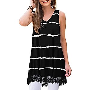 POPYOUNG Women's Summer Sleeveless Tunic Tops to Wear with Leggings V-Neck Flowy Tank Top Casual Shirt, Lace Hem XXL, Stripe Black