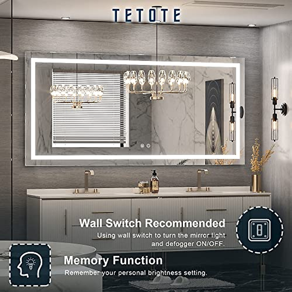 TETOTE LED Bathroom Mirror LED Mirror 60 x 28 Bathroom Mirror with Lights Bedroom LED Vanity Mirror Makeup Mirror Dimmable Anti-Fog Wall Mounted Birthday Gift Room Decor