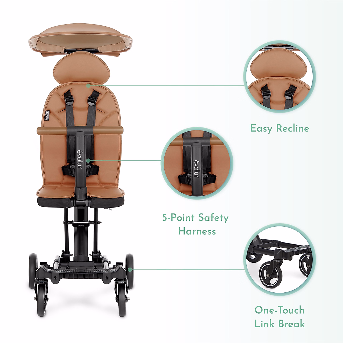 Evolur Cruise Rider Stroller with Canopy, Lightweight Umbrella Stroller with Compact Fold, Easy to Carry Travel Stroller - Cognac