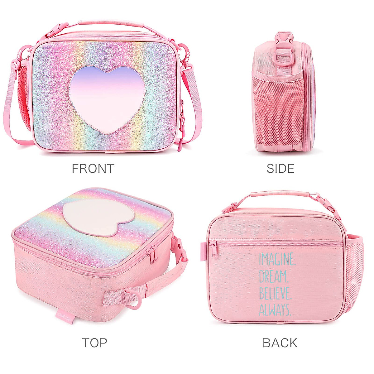 mibasies Girls Lunch Bag for Kids Rainbow Insulated Box with External Bottle Holder