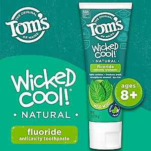 Tom's of Maine ADA Approved Wicked Cool! Fluoride Children's Toothpaste, Natural Toothpaste, Dye Free, No Artificial Preservatives, Mild Mint, 5.1 oz. 3-Pack (Packaging May Vary)
