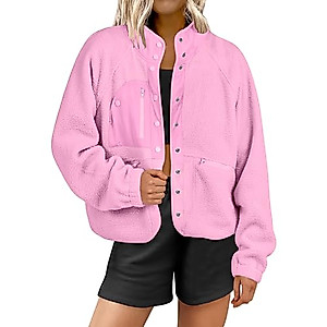 ANRABESS Womens Fuzzy Fleece Jacket Fall Casual Long Sleeve Cropped Sherpa Button Down Shacket Coats Outwear With Pockets Pink Large
