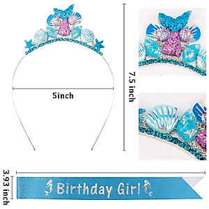 Atoden Little Mermaid Birthday Outfit Blue Princess Tiara Crown Headpiece, Starfish Seashell Mermaid Tail Headband and Sash, Birthday Accessories for Women and Girls, Party Supplies Gifts