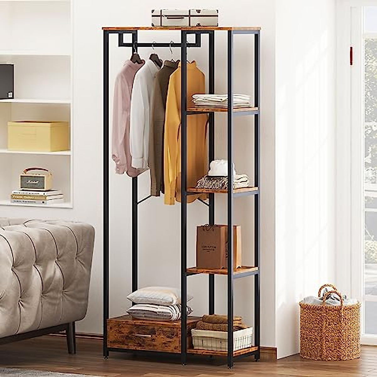 SogesGame Clothes Rack for Hanging Clothes, Black Clothing Rack with Shelves and Drawer, Freestanding Garment Rack for Bedroom Wardrobe Rack for Hanging Coats, Shirts, Skirts, Sweaters