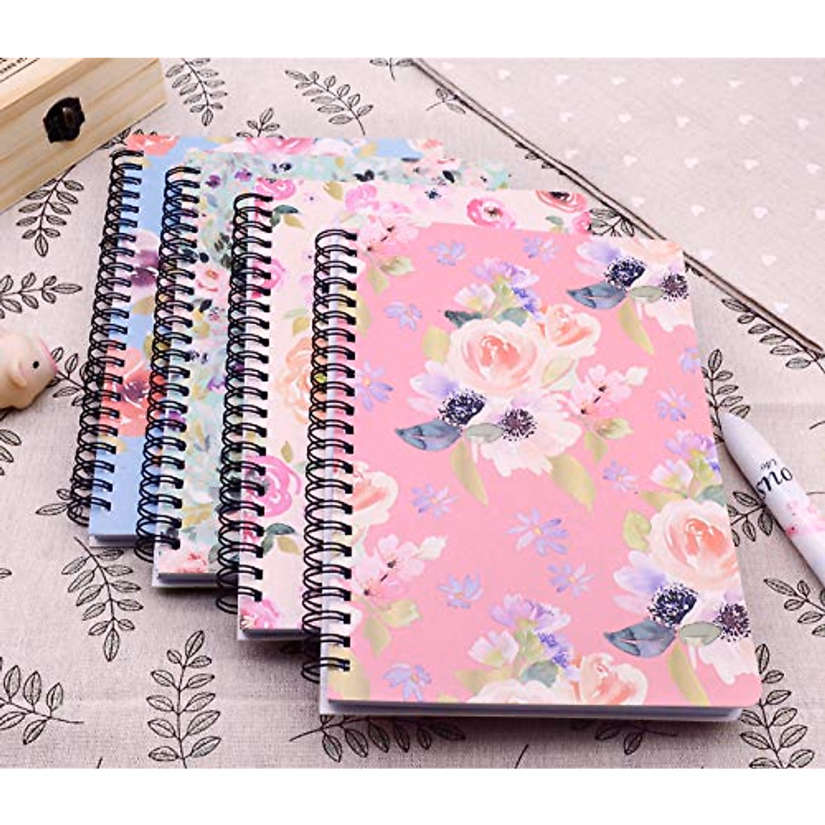 Yansanido Spiral Notebook, 4 Pcs A5 Thick Flower Design Hardcover 8mm Ruled 4 Color 80 Sheets -160 Pages Journals for Study and Notes (flower)
