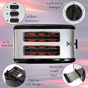 Moss & Stone 2 Slice Toaster, 1.5in Extra-Wide Slot Toaster For Bagel & Defrost with 5 Shade Settings, Bread Toaster 2 Slice With Removable Crumb Tray (black toaster)