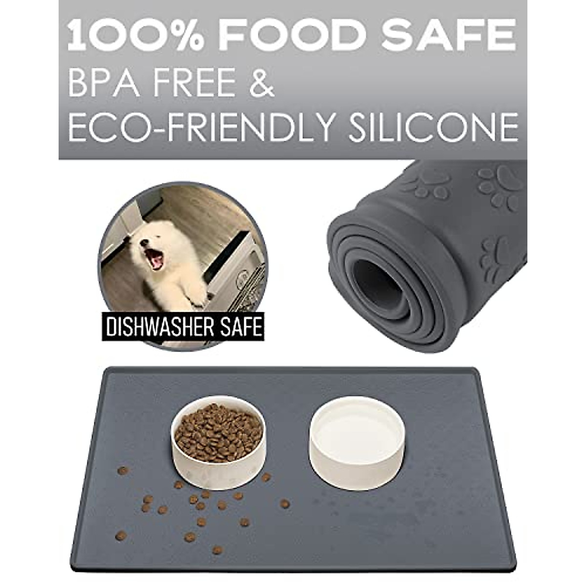AVYDIIF Silicone Dog Cat Food Mat, Waterproof Slip Resistant Raised Edge Pet Feeding Mats, Pet Bowl Mat Anti-Messy and Prevent Spill on Floor, Dishwasher Safe(L: 24" X 16", Grey)