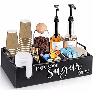 Coffee Station Organizer, Coffee Bar Organizer Countertop,Cup and Lid Holder Coffee Cup Dispense,Rustic Coffee Bar Decor for Coffee Accessories Organizer, Coffee Pod Holder Storage Basket，Black