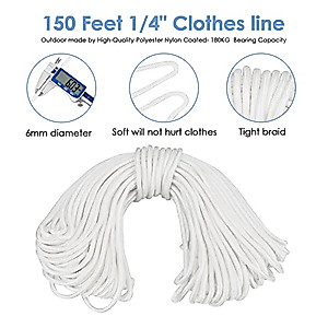 TooTaci Outdoor Clothesline Kit,Clothes Line Pulley Kit,5" Nylon Clothesline Pulley,150ft Polyester Clothes Line Ropes for Outside,Clotheslines S Separator Spreader,Clothesline Tightener,Hooks