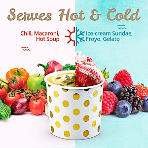 MATICAN Paper Ice Cream Cups - 50-Count 5.5-Oz Disposable Dessert Bowls for Hot or Cold Food, 5.5-Ounce Party Supplies Treat Cups for Sundae, Frozen Yogurt, Soup, Gold Foil Polka Dots