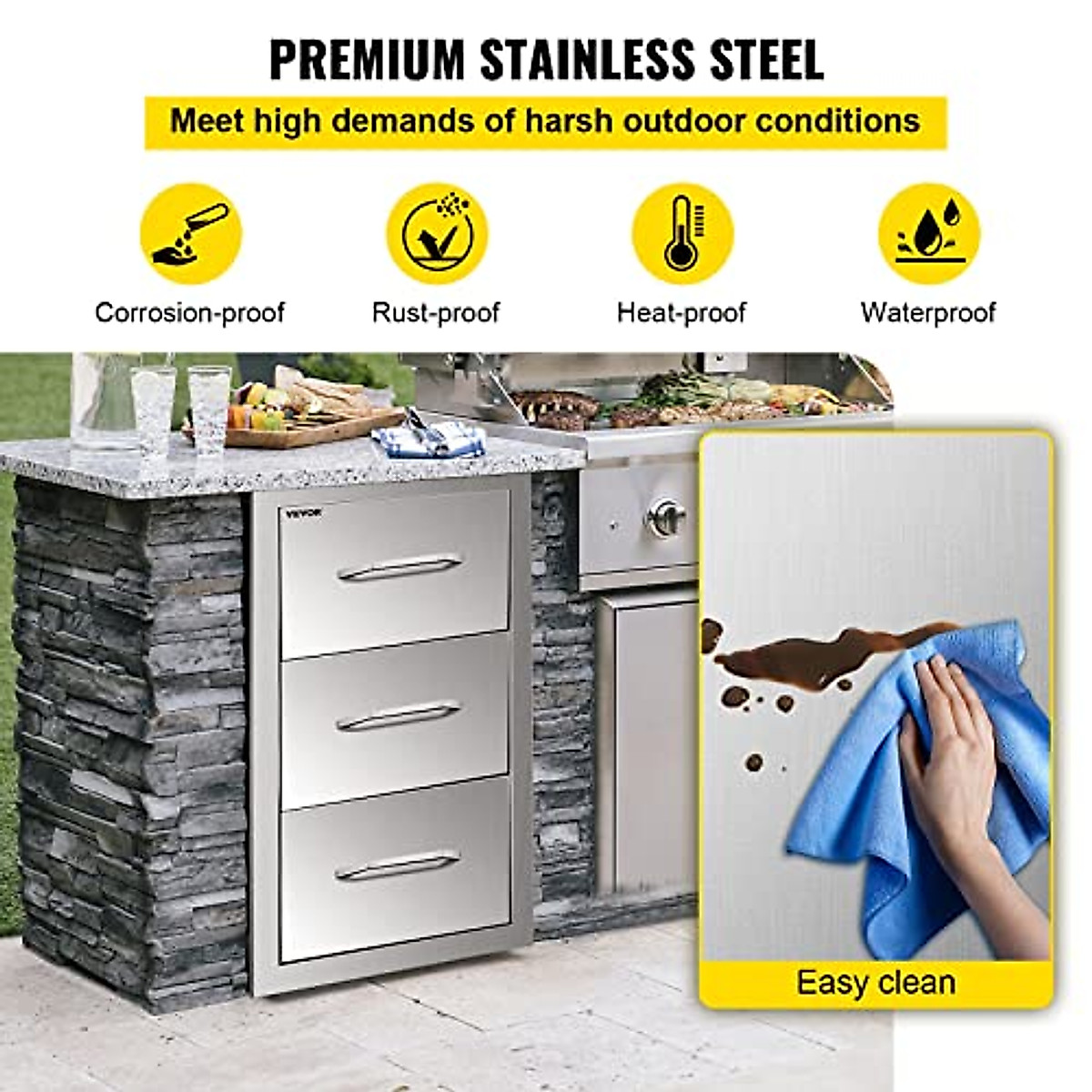 Happybuy 17''W x 30''H Triple Access Stainless Steel with Chrome Handle BBQ Island Drawers for Outdoor Kitchen or Grill Station