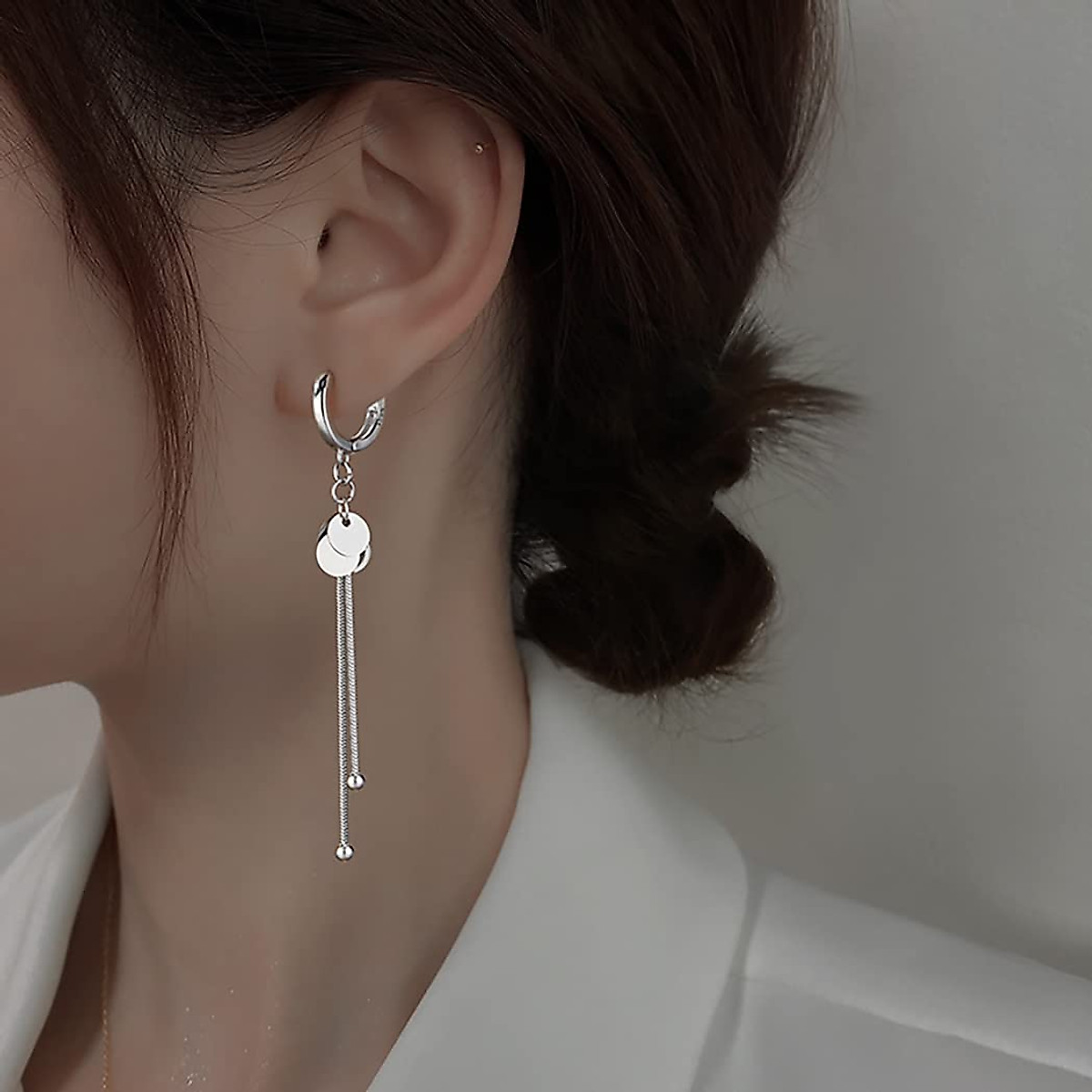 SLUYNZ 925 Sterling Silver Disc Dangle Earrings Hoop for Women Coin Hoop Earrings Tassel (A-Silver)