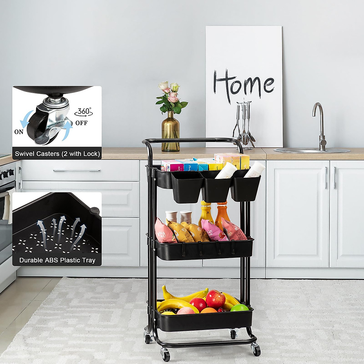 danpinera 3 Tier Rolling Utility Cart with Lockable Wheels & Hanging Cups & Hooks Storage Organization Shelves for Kitchen, Bathroom, Office, Library, Coffee Bar Trolley Service Cart (Black)