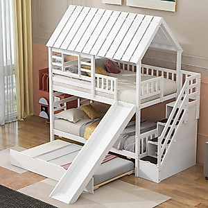 MERITLINE House Bunk Beds Twin Over Twin with Slide, Twin Bunk Bed with Storage Stairs and Trundle, Wood Kids Bunk Bed with Roof and Window Design for Girls, Boys,White