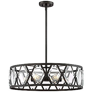 Regency Hill Lexington Black Pendant Chandelier 26" Wide Rustic Industrial Clear Crystal Glass Drum Shade 6-Light Fixture Dining Room House Foyer Entryway Kitchen Bedroom Living Room