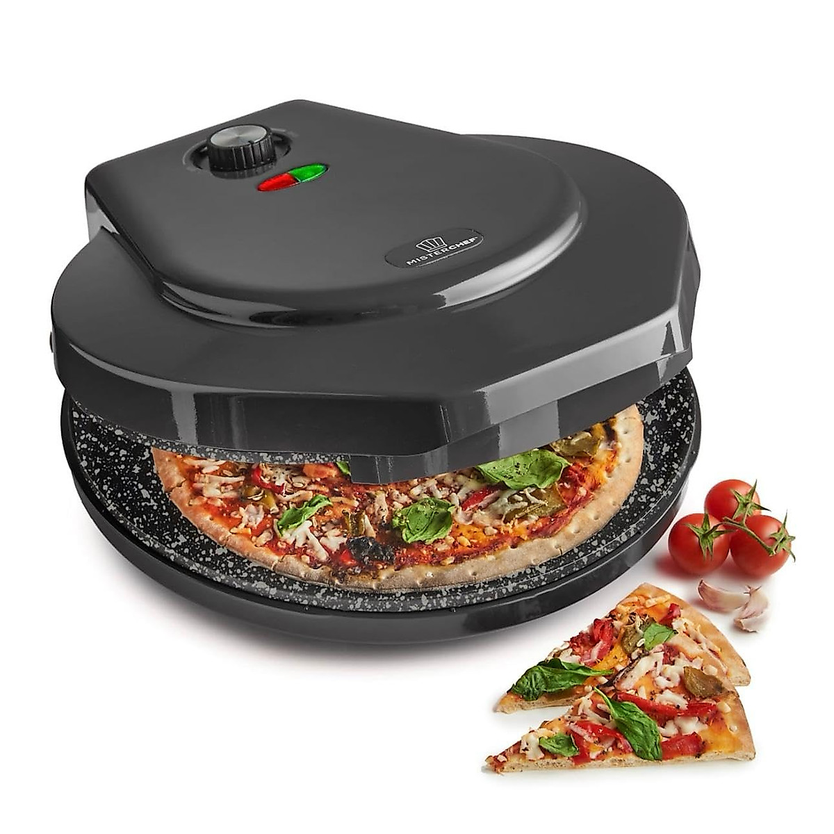 MisterChef Countertop Pizza Maker, 1450W Mini Pizza Oven, Pizza Maker Oven With 12″ Non-Stick Ceramic Plate, Indoor Electric Pizza Oven for Crepes, Pancakes - Black