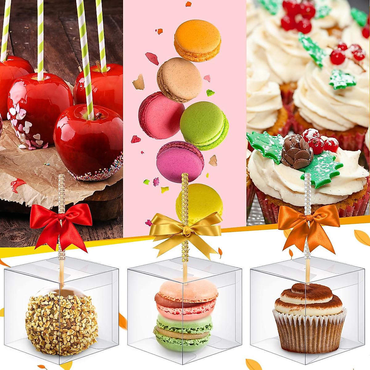 Juexica 100 Pcs Clear Caramel Apple Boxes with Hole Transparent Candy Apple Boxes PET Gift Boxes for Chocolate Wedding Ornaments Boxes, 4x4x4 Inch