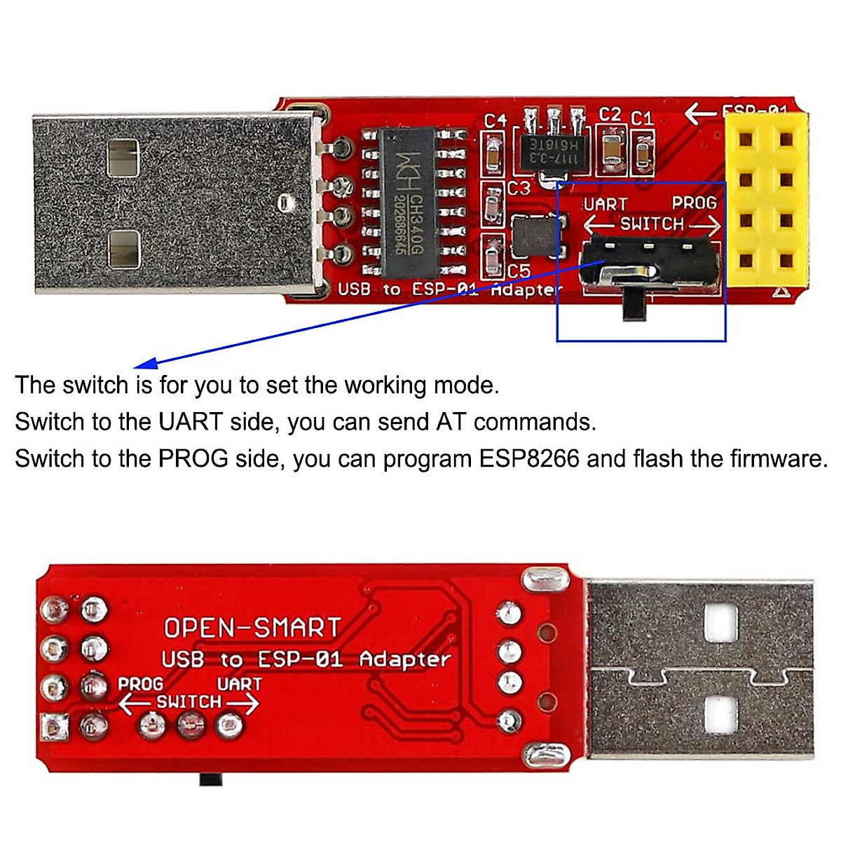 Wishiot ESP-01S Programmer USB to ESP-01 Adapter ESP8266 Wireless WiFi Module Wi-Fi CH340G UART PORG, 4.5-5.5V 115200 Baud Rate 2PCS