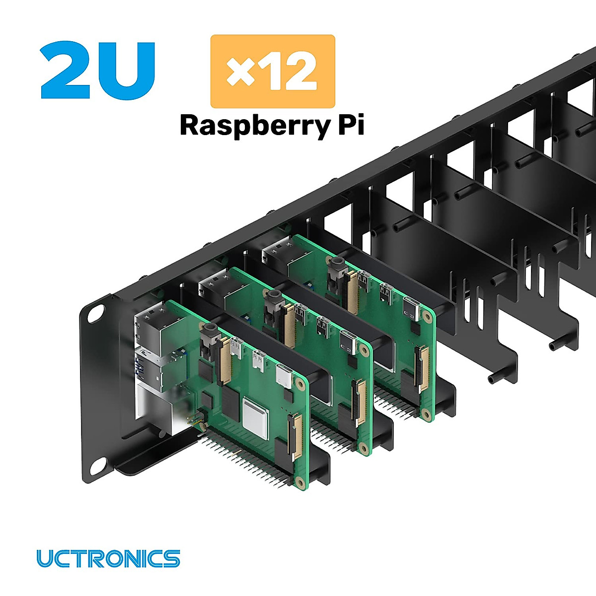 UCTRONICS Front Removable 2U Rackmount for Raspberry Pi, 19-inch 2U Server Rack with 12 Pieces of Removable Mounting Plates for Raspberry Pi 4B, 3B+/3B, and Other B Models