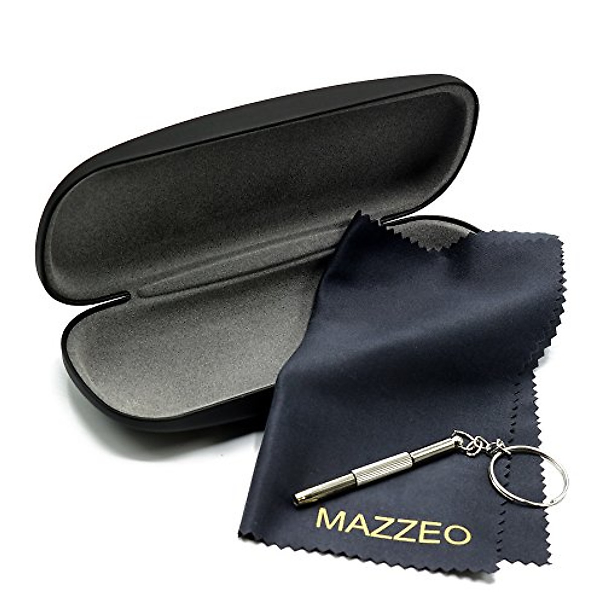 Mazzeo Hard Shell Glasses Case Kit With a Cleaning Cloth and Repair Tool For Men or Women (Black w Glasses)