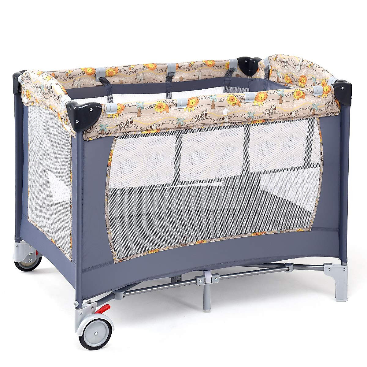 Costzon 3 in 1 Pack and Play, Portable Baby Playard with Bassinet, Changing Table, Music Box, Wheels & Brake, Basket, Carry Bag, Co-Sleeper Bassinet Compact Travel Crib for Indoor Outdoor Use Grey