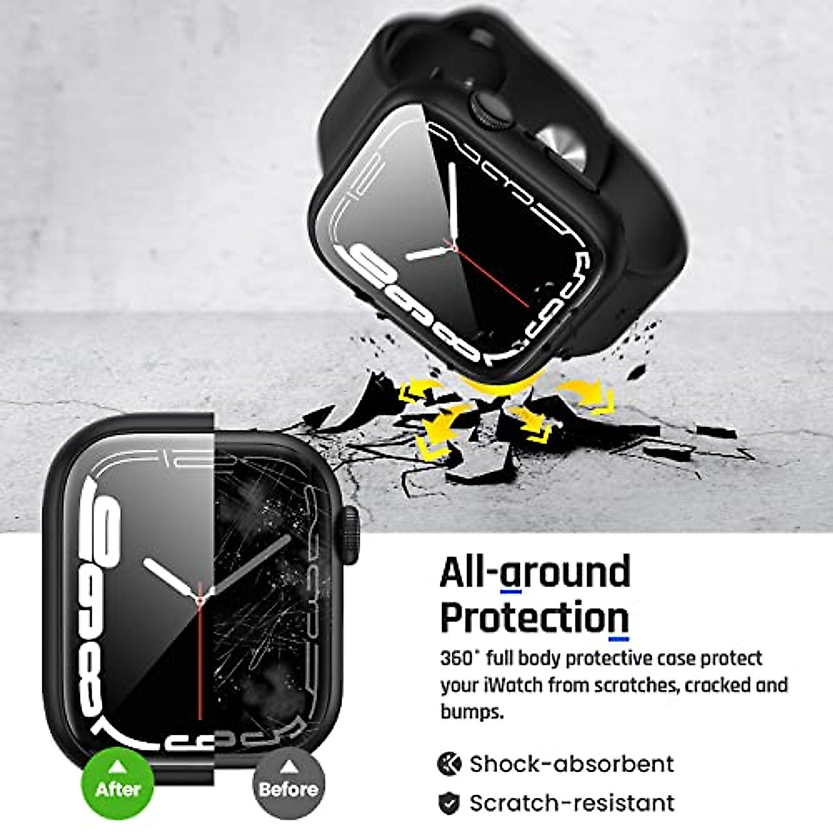 Goton 2 in 1 Waterproof Case for Apple Watch Series 8 & Series 7 45mm Screen Protector, 360 Protective Glass Face Cover Hard PC Bumper + Back Frame for iWatch 8/7 Accessories 45 mm, Black